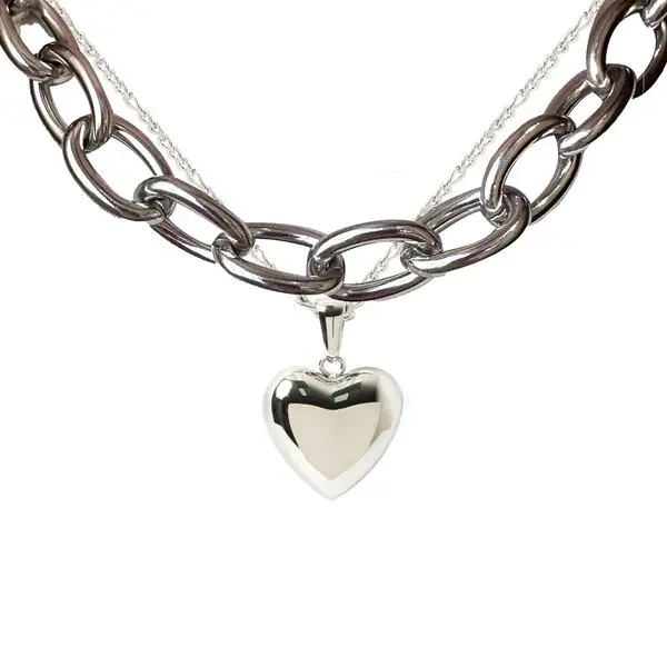 OUTOFOFFICE Heart Charm Chunky Necklace Set - Silver