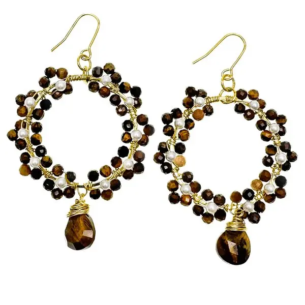 FARRA Tiger Eye And Pearl Flower Ring Earrings - Brown