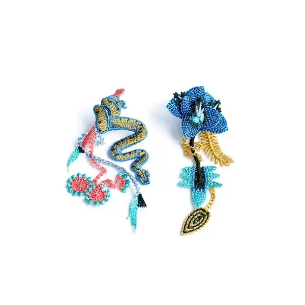 NANA WATANABE Garden Snake Floral Embroidered Dangle Earrings - Blue