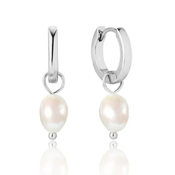 UNALOE Sterling Hoop Earrings With Natural Pearl Pendant - Silver