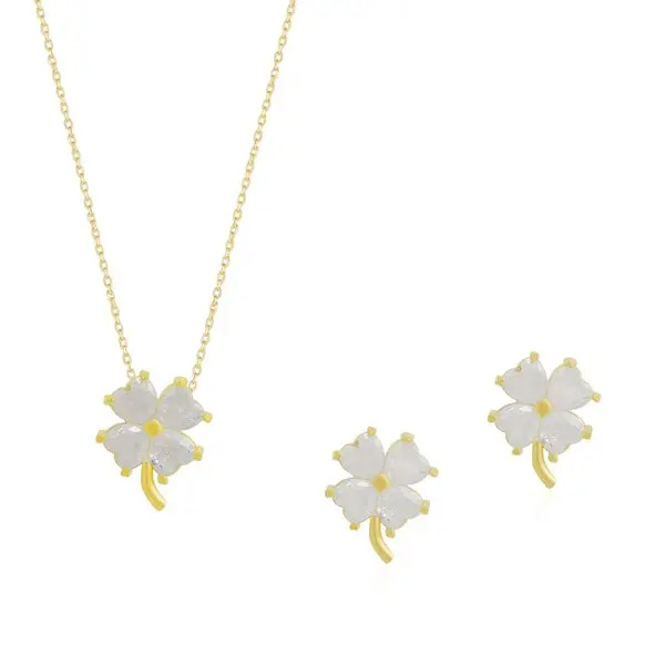 SPERO LONDON Four Leaf Clover Sterling Silver Necklace And Earring Set - Gold/white