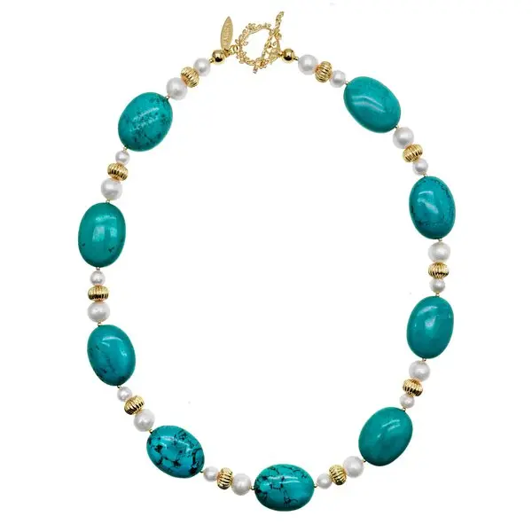 FARRA Oval Turquoise And Freshwater Pearl Necklace - White/blue