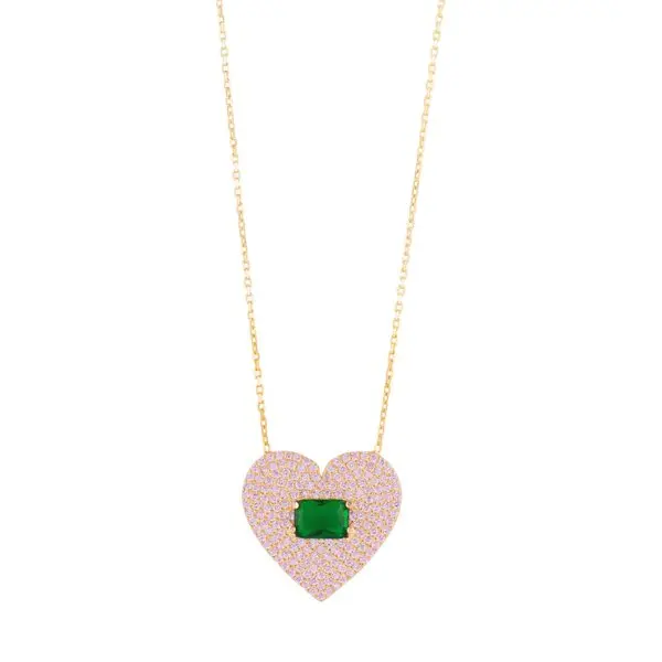 SHYMI Pave Heart & Stone Necklace - Green/pink