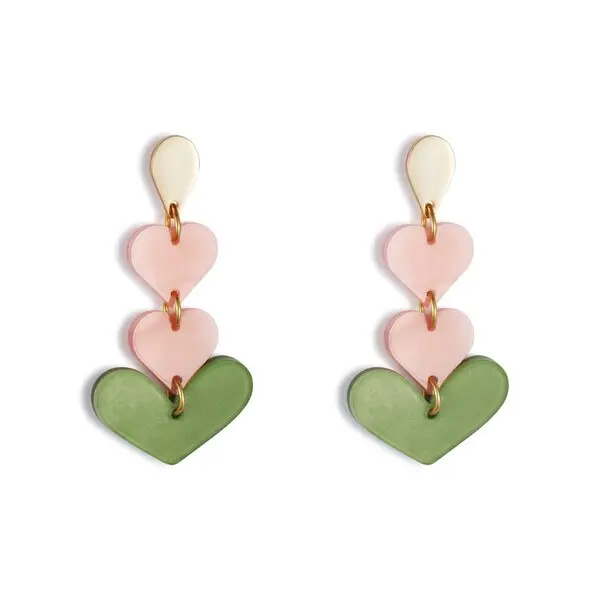 TOOLALLY Heart Drop Earrings - Pink/green