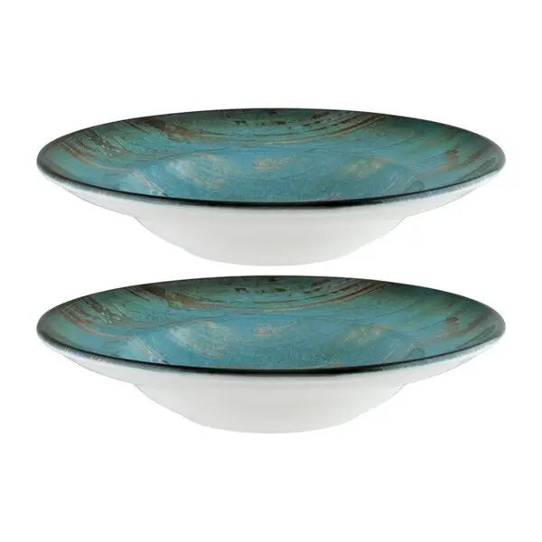 Turgla Home Blue / Brown Madera Round Decorated Porcelain Bowl Set Of Two - Blue/brown