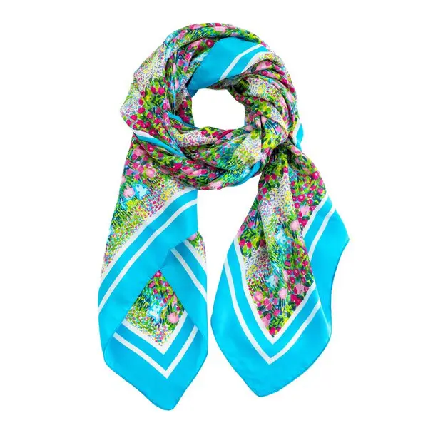 EVELYN & KATE Blue / Pink Elegant All Silk Scarf, Westie Pattern - Blue/pink