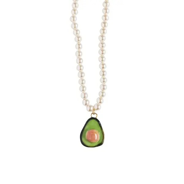 POPORCELAIN Mini Porcelain Avocado Swarovski Pearl Necklace - Green