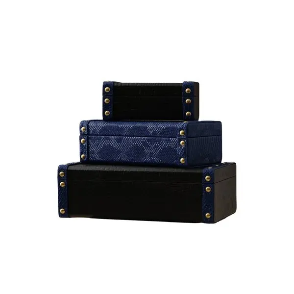 MARLETH Set Of Three Leather Boxes With Brass Stud Detailing - Black/blue
