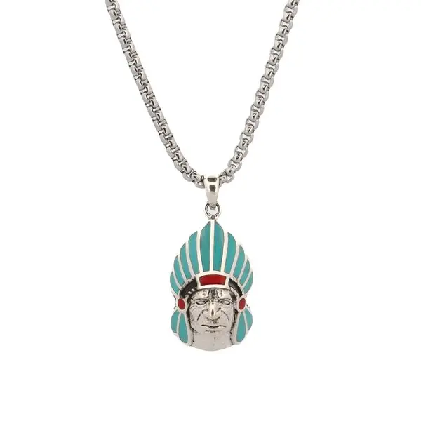EBRU JEWELRY Turquoise Warrior Chief Pendant Necklace - Blue/red/silver
