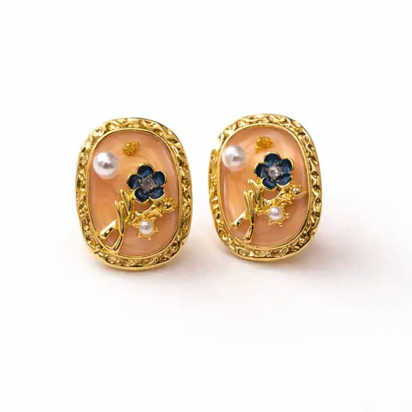 NUVV COLLECTION Stud Earrings With Floral And Pearl Accents - Orange