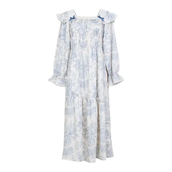 LUNALUZ Versailles Modal Cotton Square-neck Nightdress - Blue