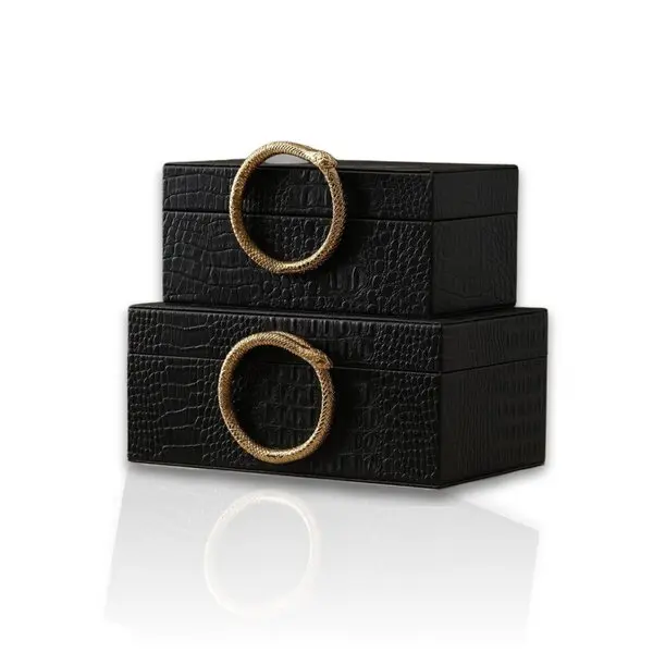 MARLETH Set Of Two Snake Leather Box Set, Brass Detailed