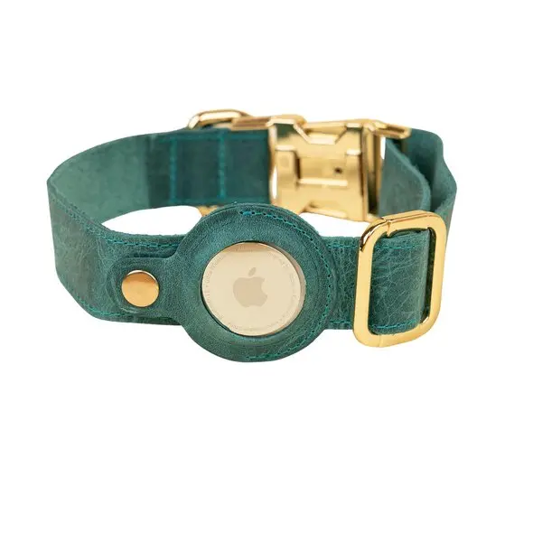 LEATHERE Leather Airtag Dog Collar - Black/blue