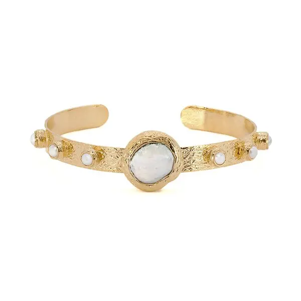 EBRU JEWELRY Cleopatra Pearl Stone Cuff Bracelet - Gold