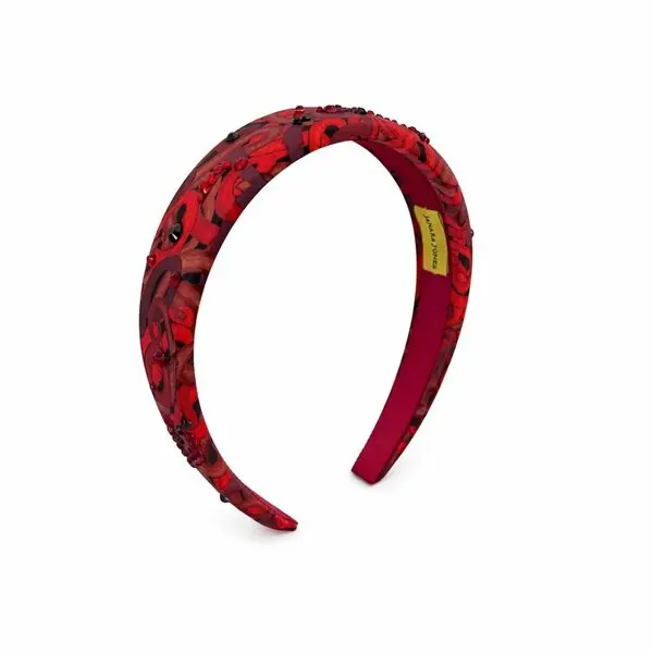 JANARA JONES Snakes Print Satin Rhinestone Embellished Headband - Red
