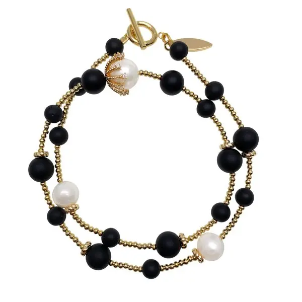 FARRA Matte Agate And Freshwater Pearl Bracelet - Black
