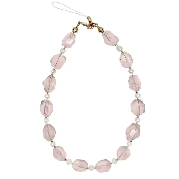 FARRA Gemstone Phone Strap With Faceted Rose Quartz And Freshwater Pearls - Pink