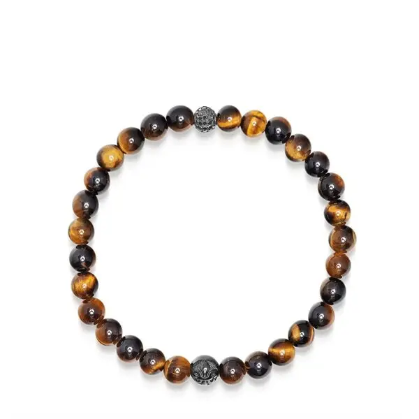 NIALAYA JEWELRY Brown Tiger Eye Beaded Bracelet With Black Diamond - Brown/black/silver