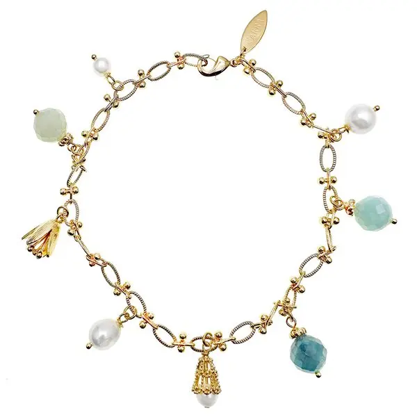 FARRA Chain Anklet With Aquamarine And Pearl Charms - White