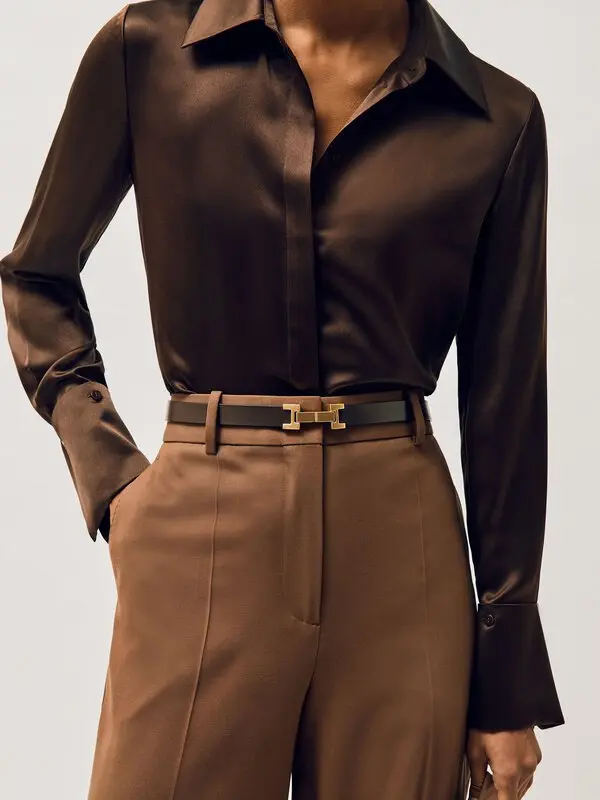 REISS Hayley Leather Square Hinge Belt - Chocolate