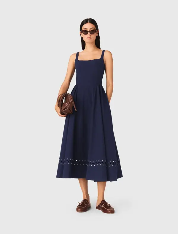 Maje Flared Midi Dress With Scalloped Embroidery - Navy