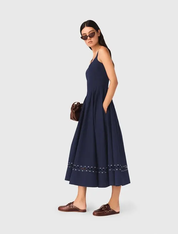 Maje Flared Midi Dress With Scalloped Embroidery - Navy