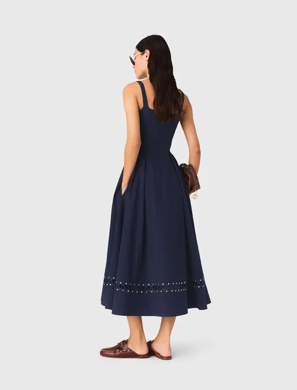 Maje Flared Midi Dress With Scalloped Embroidery - Navy