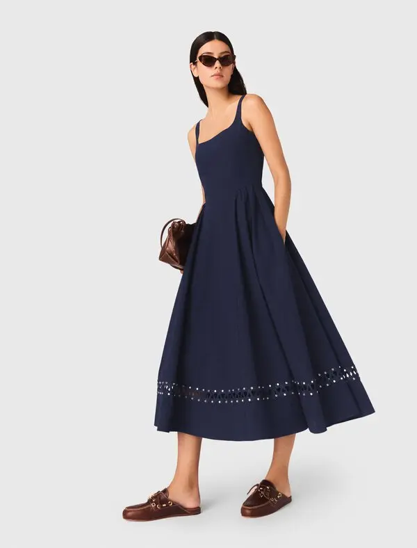 Maje Flared Midi Dress With Scalloped Embroidery - Navy