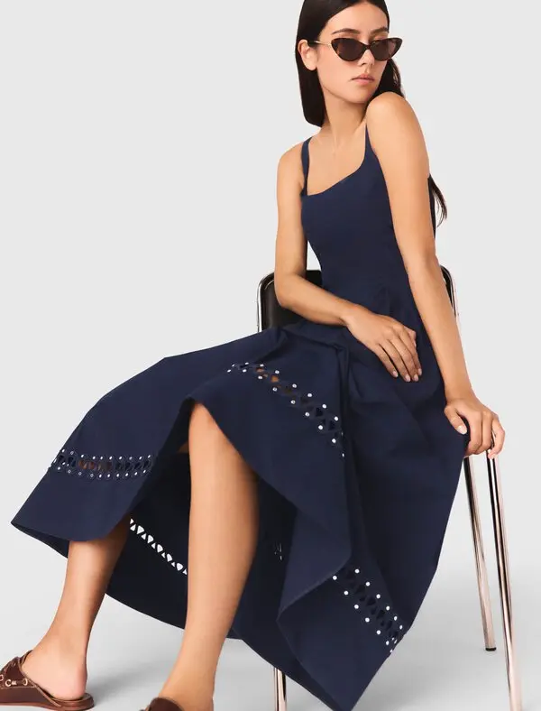 Maje Flared Midi Dress With Scalloped Embroidery - Navy