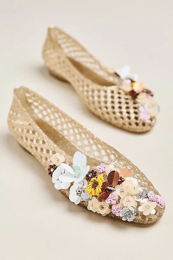 Anthropologie Heavenly Jelly Flower Flats - Gold