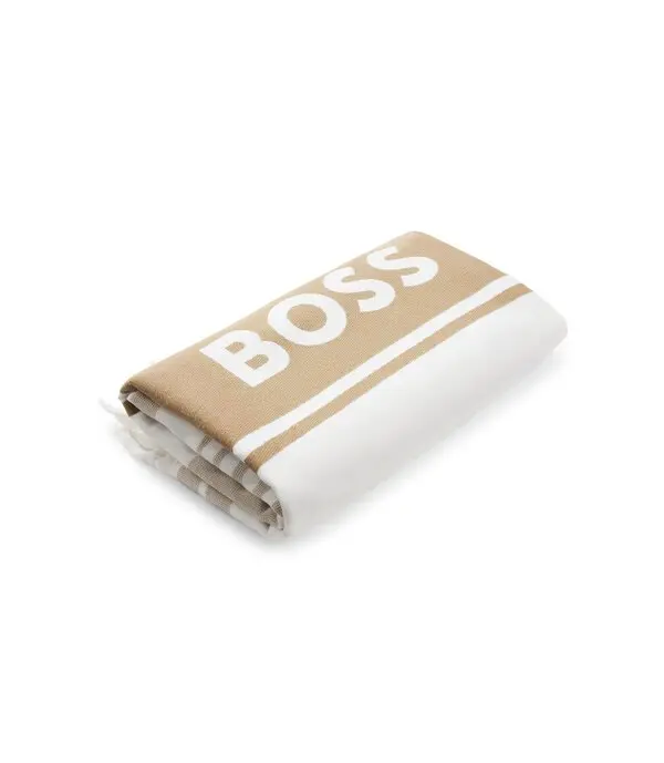 BOSS Fringed Logo Beach Towel In Cotton Jacquard - Beige