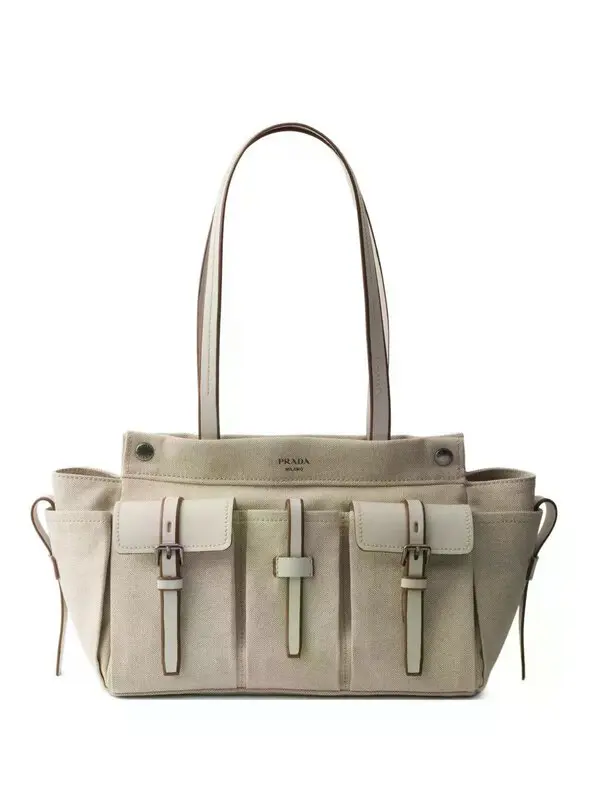 Prada Large Canvas And Leather Tote Bag - Neutrals