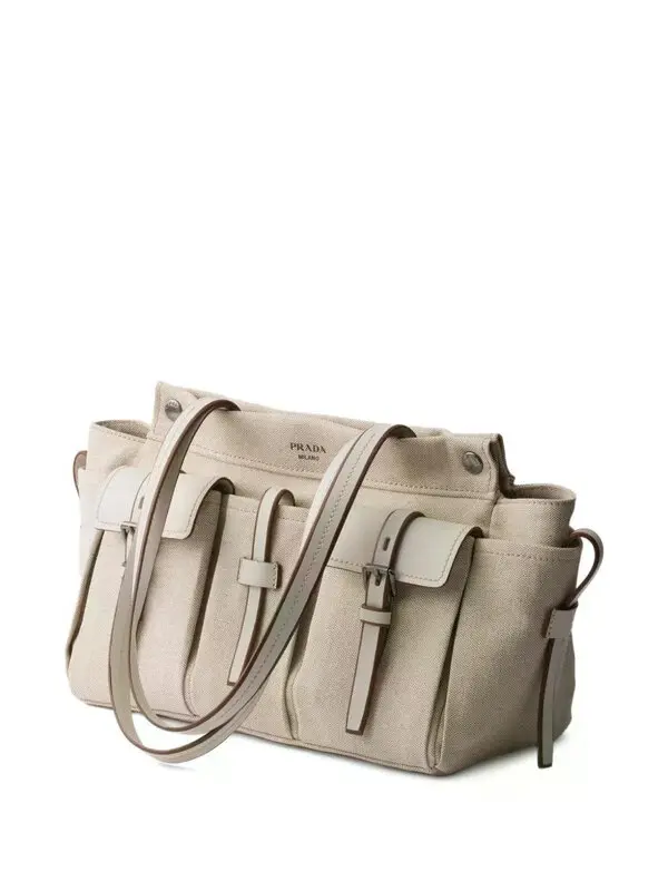 Prada Large Canvas And Leather Tote Bag - Neutrals
