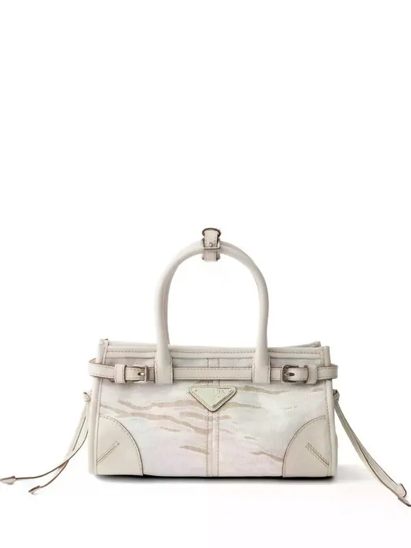 Prada Bonnie Small Printed Linen And Leather Handbag - Neutrals