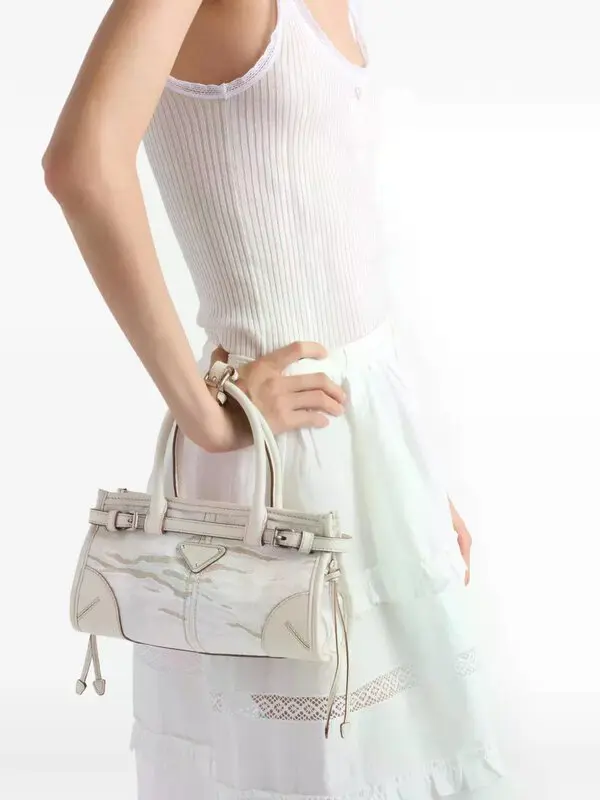 Prada Bonnie Small Printed Linen And Leather Handbag - Neutrals