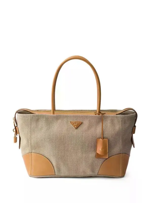 Prada Large Linen And Leather Tote Bag - Neutrals