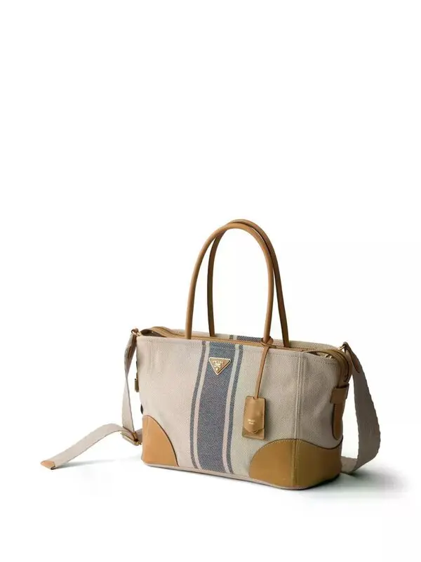 Prada Large Canvas And Leather Shopping Bag - Neutrals