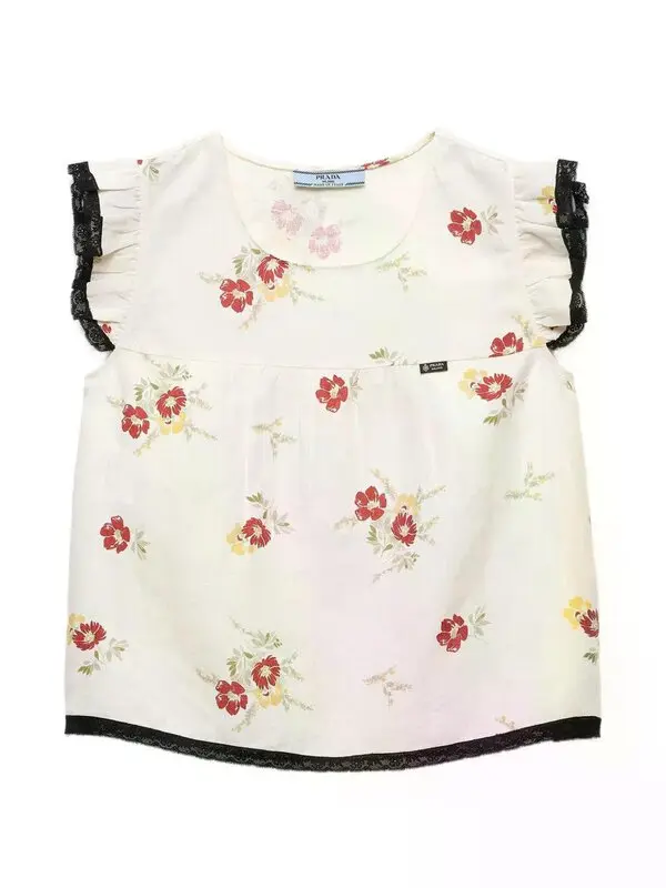Prada Linen Top With Floral Motif And Lace Trim - Neutrals