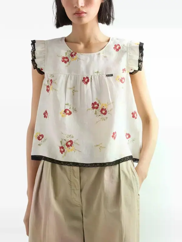 Prada Linen Top With Floral Motif And Lace Trim - Neutrals