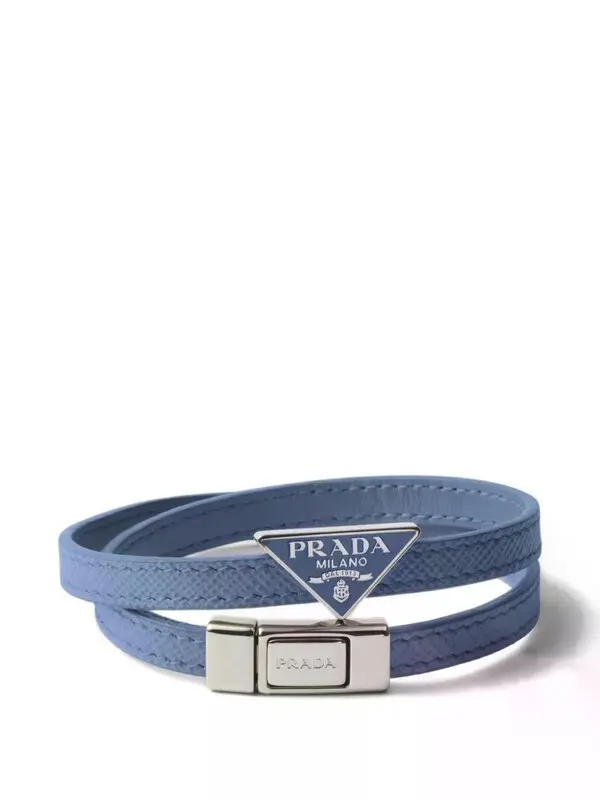 Prada Saffiano Leather Double Bracelet With Enamel Triangle Logo - Blue