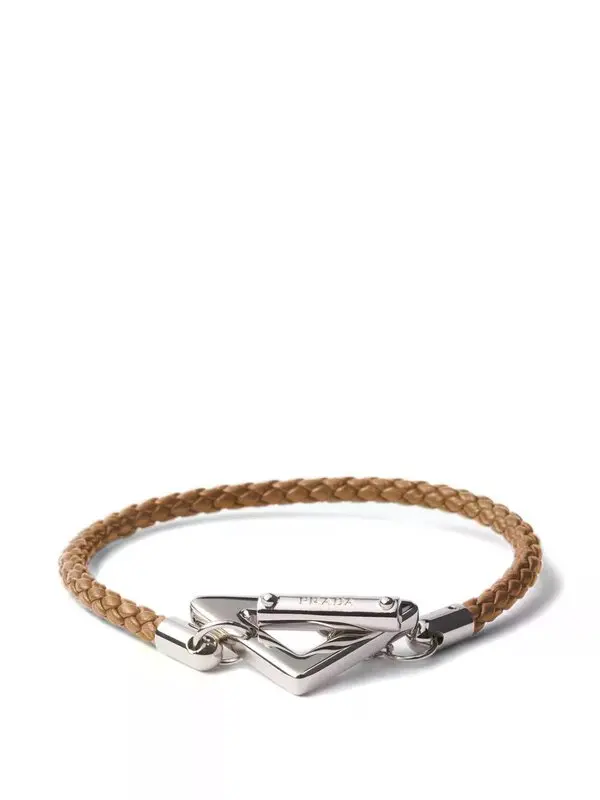 Prada Braided Leather Bracelet With Geometric Clasp - Silver