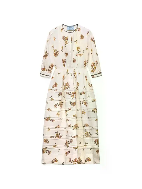 Prada Long Printed Linen Dress - Neutrals