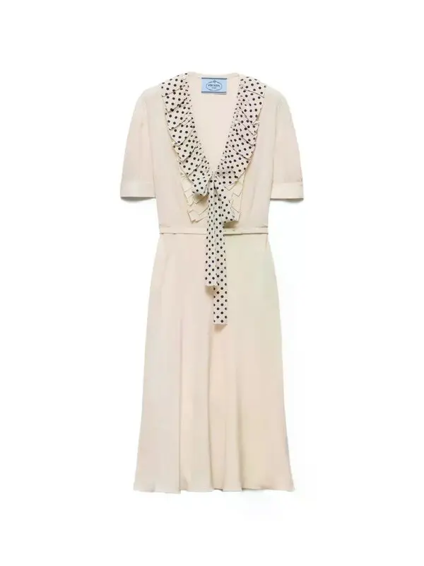 Prada Embroidered Silk Marocain Dress With Polka Dot Accents - Neutrals