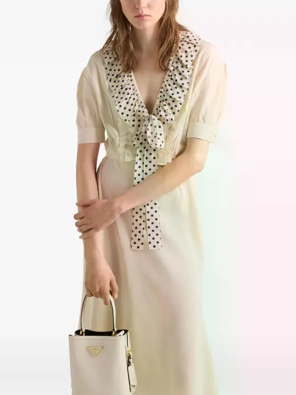 Prada Embroidered Silk Marocain Dress With Polka Dot Accents - Neutrals