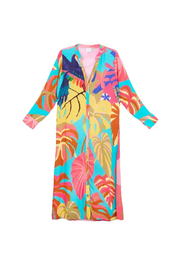Saachi Tropical Button Long Kimono - Blue