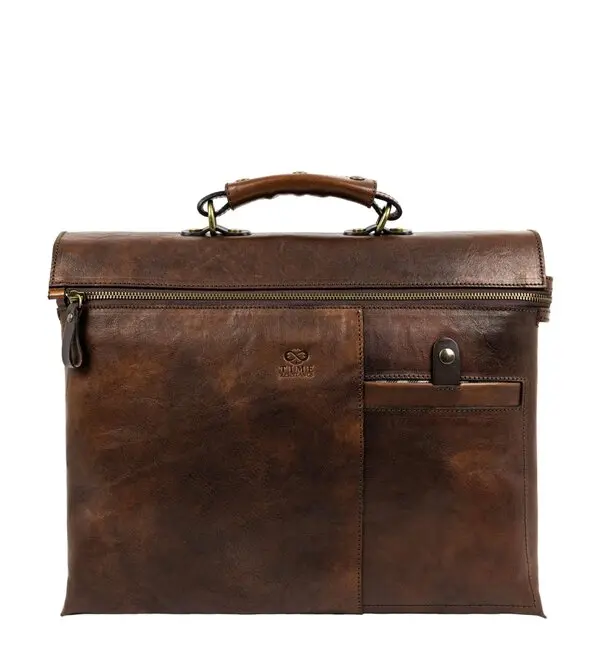 TIME RESISTANCE Leather Briefcase Laptop Bag - Brown