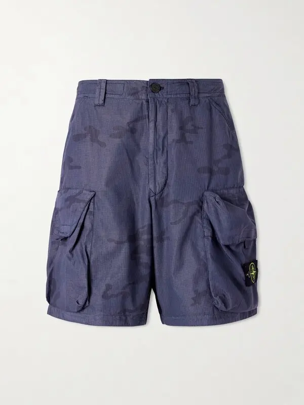 Stone Island Camouflage Straight-leg Ripstop Cotton-blend Shorts - Blue