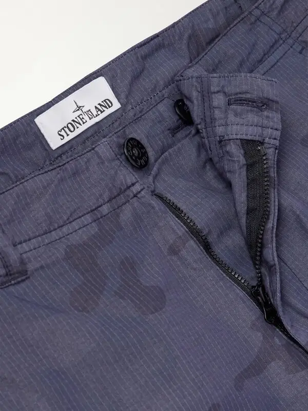Stone Island Camouflage Straight-leg Ripstop Cotton-blend Shorts - Blue