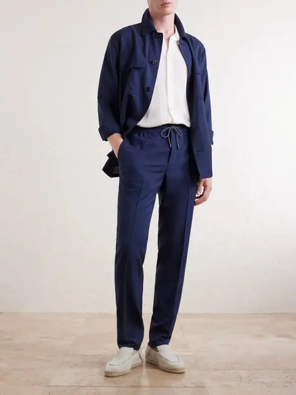 SLOWEAR Tapered Pleated Virgin Wool, Silk And Linen-blend Drawstring Trousers - Blue