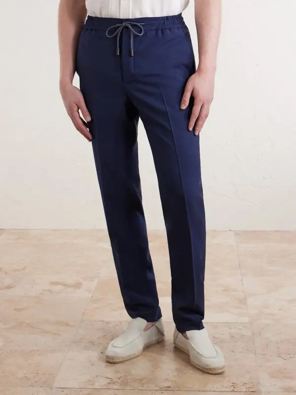 SLOWEAR Tapered Pleated Virgin Wool, Silk And Linen-blend Drawstring Trousers - Blue